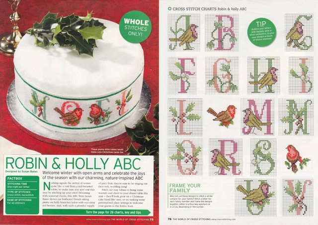 ROBIN & HOLLY Abc/Alphabet Festive Cross Stitch Chart~Magazine Extract ...