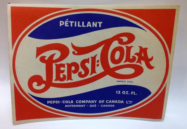 ORIGINAL 1940'S FRENCH PEPSI-COLA paper BOTTLE LABEL * Montreal Quebec ...