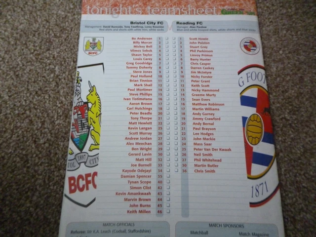 BRISTOL CITY V Reading Tuesday 15Th February 2000 Auto Windscreens ...