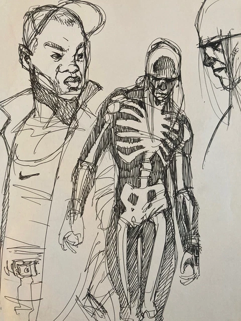 VERY NICE DRAWING Death Skeleton 1990 Curiosity Art Ink War Man Art Pen ...