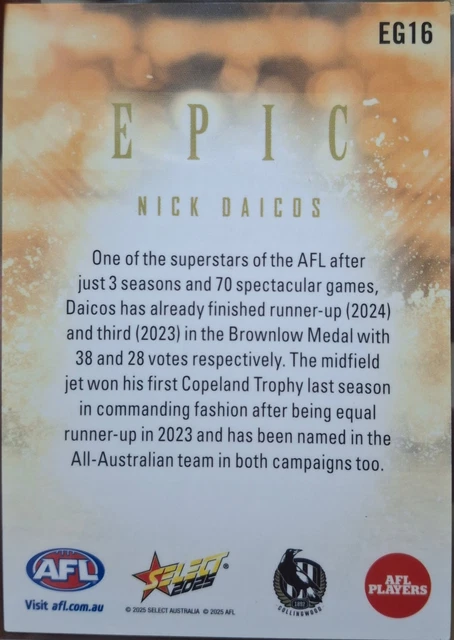 2025 AFL SELECT nick daicos Player Number Gold Epic 35/75 $1,000.00 ...