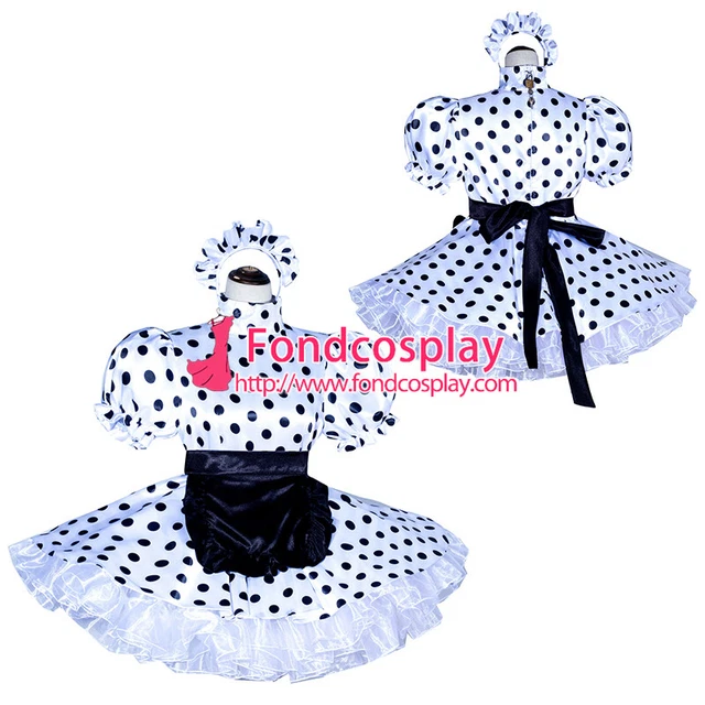 French Sissy Maid Lockable White Dots Satin Dress Cosplay Costume
