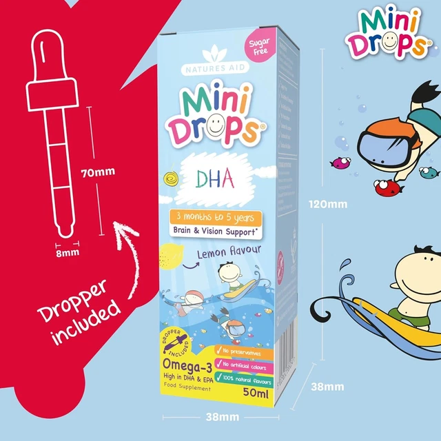 NATURES AID DHA Omega-3 Mini Drops for Babies & Kids 50ml – Supports ...