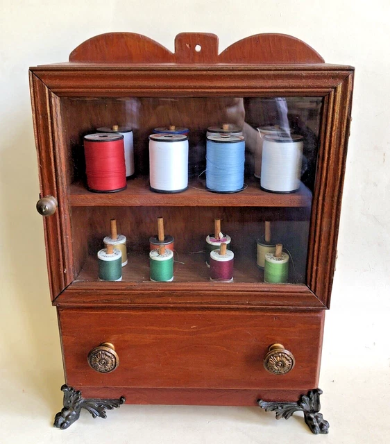 ANTIQUE~LOVELY SMALL WALL MOUNTED WOODEN SEWING/THREAD SPOOL CABINET ...