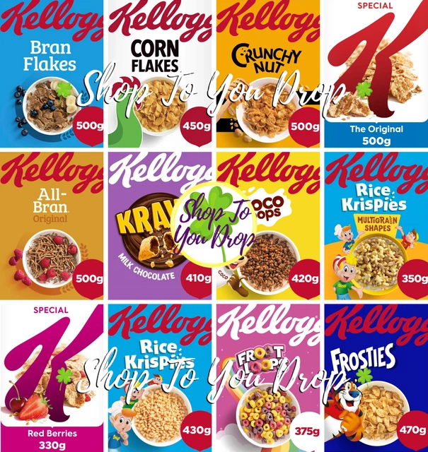 KELLOGGS BREAKFAST CEREAL Cornflakes Special K Bran Cluster Coco Pops ...