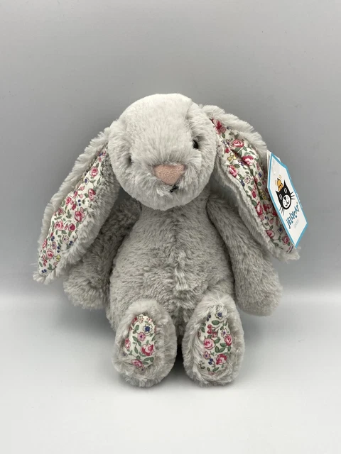JELLYCAT SMALL BLOSSOM Silver Bunny Soft Toy Plush Floral Pattern 20cm ...