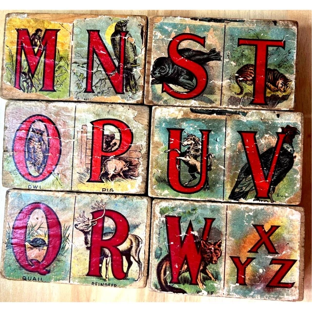 ANTIQUE VICTORIAN TIMEWORN Alphabet Lithograph Wooden Picture Blocks £ ...