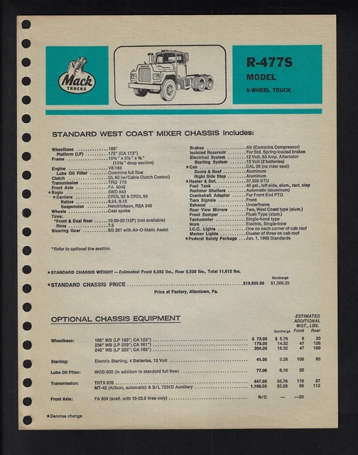 MACK TRUCKS MODEL R-477S Specifications Brochure June 1969 EUR 19,93 ...