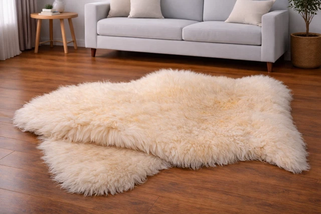 LUXURY NATURAL IVORY Sheep Skin Rug Fur Silky Warm Throw Floor Fluffy ...