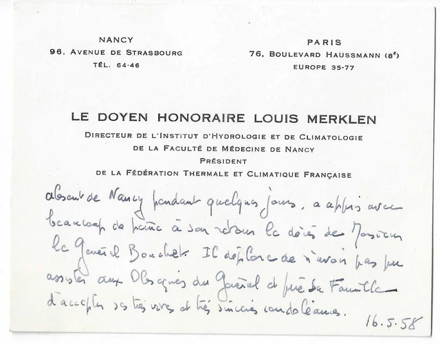 CARTE DE VISITE manuscrite du Doyen Louis MERKLEN - 1958 EUR 20,00 ...