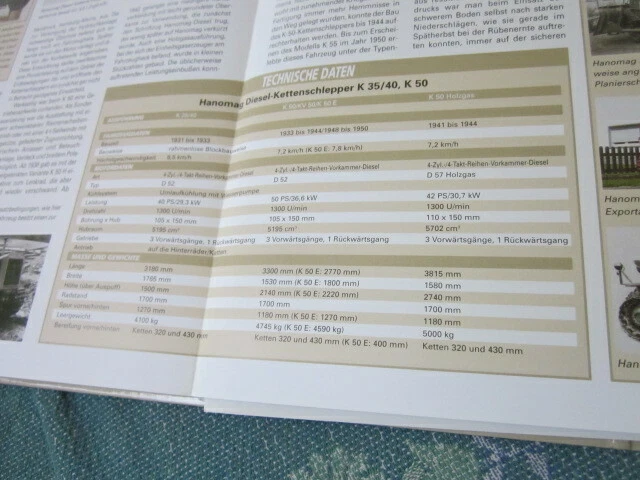 TRAKTOR DATENBLATT HANOMAG 5 Diesel Kettenschlepper K 35, K40, K50 ...