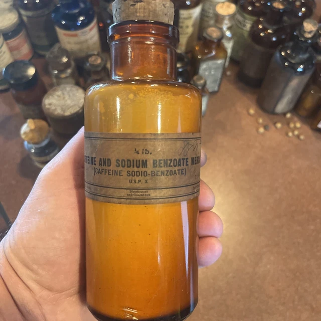 ANTIQUE MERCK CORK Medicine Bottle Caffeine Sodium Benzoate Label $49. ...