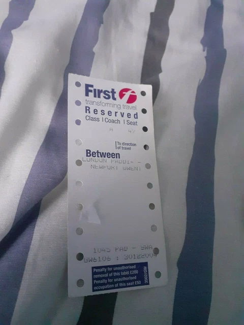 FIRST GREAT WESTERN Seat Reservation Label-London to Newport £1.20 ...