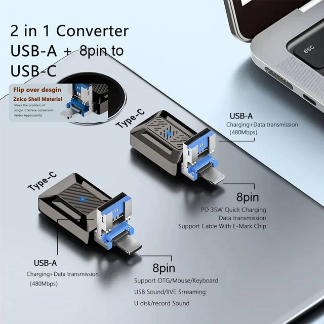 3 IN 1 fast charging Type-C female to 8pin USB flip adapter F5 ...