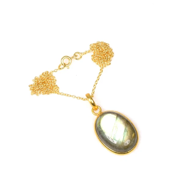925 SOLID STERLING Silver 24CT Gold Overlay Labradorite Chain Pendant ...