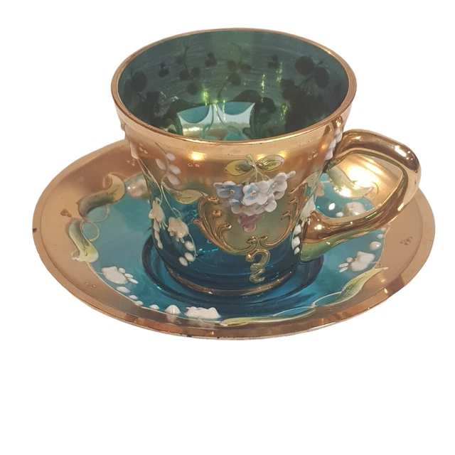 MURANO DEMITASSE TEACUP Saucer Venezia Aqua Art Glass Heavy Gold Signed ...
