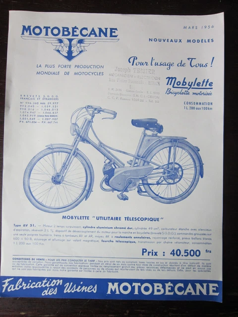 MOTO CYCLO MOTOBECANE Catalogue Prospectus 1956 Mobylette Av 51 Av 54 ...