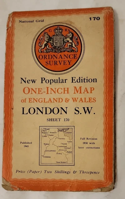 VINTAGE ORDNANCE SURVEY One Inch Paper Map, of London S W no 170, 1945 ...