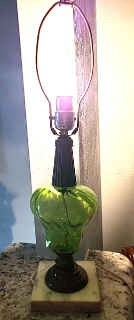 ANTIQUE VINTAGE EMERALD Green Optic Ribbed Glass Lamp with Marble Base ...