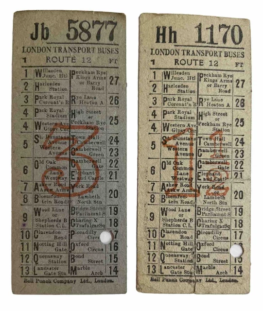LONDON TRANSPORT USED Tickets Ticket Buses Bus Trolleybus ROUTE 12 x2 ...