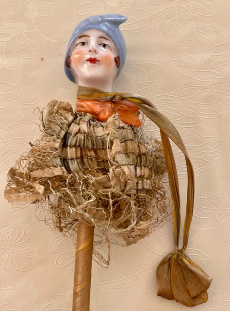 ANTIQUE 1920'S VANITY Half Doll Powder Puff Wand ~ Silk Ribbon, Boudoir ...