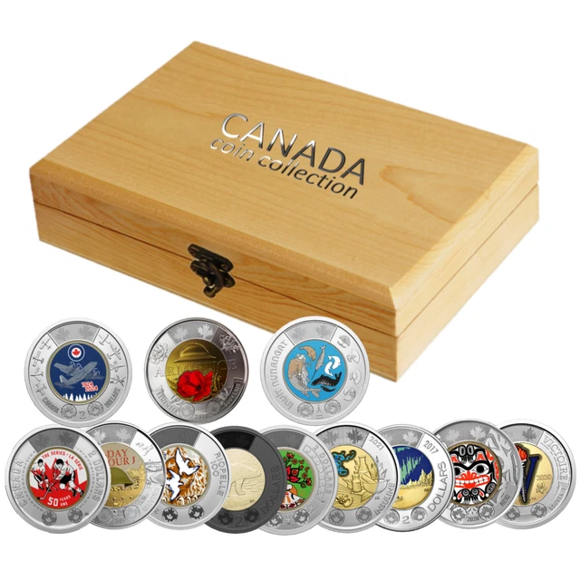 🇨🇦 CANADA COLORED Toonie $2 Dollar 12-Coin Full Set in Wood case box ...