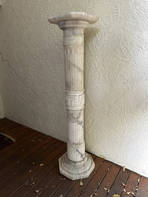 ANTIQUE WHITE ALABASTER Faux Marble Fluted Column w. Grecian Key ...