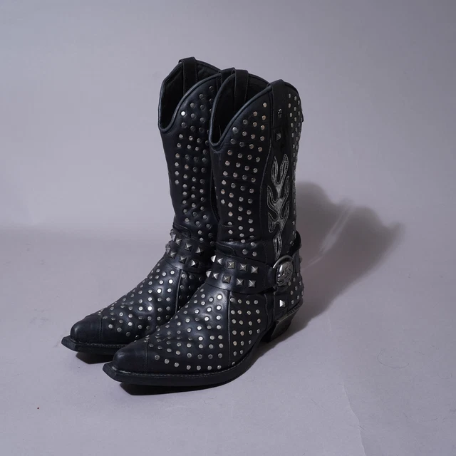NEW ROCK LEATHER Boots Mens UK11 Black Cowboy Studded Western M7928 ...