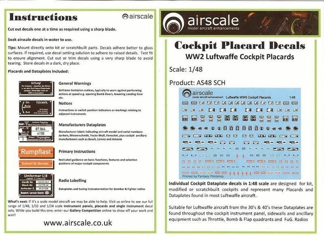 AIRSCALE 1/48 SECONDE Guerre mondiale Luftwaffe Cockpit Placards ...