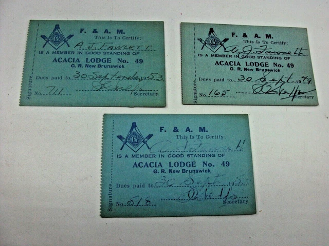 MASONIC MEMBERSHIP CARDS Acacia Lodge 49 Moncton NB AJ Fawcett VTG ...