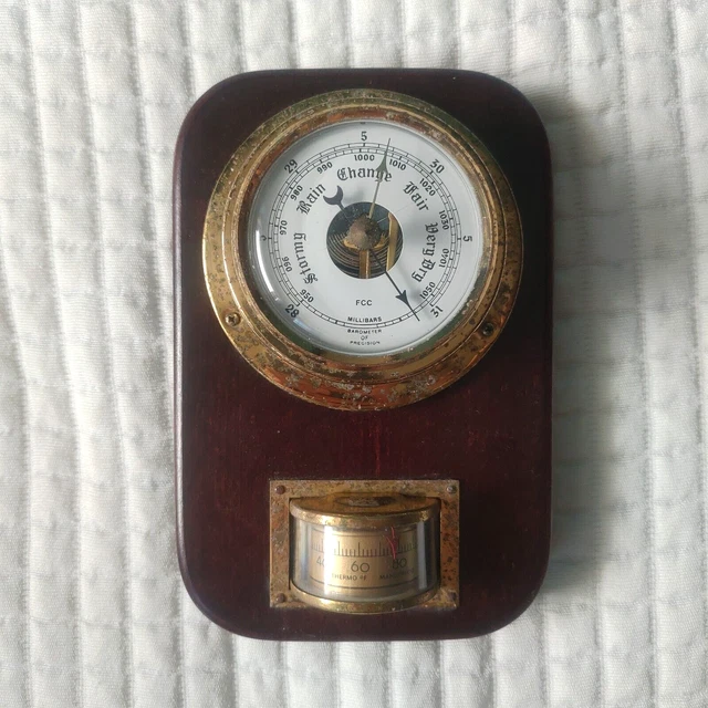 PRECISION ANEROID BAROMETER with Thermometer (F) VINTAGE FCC Brand Wood ...
