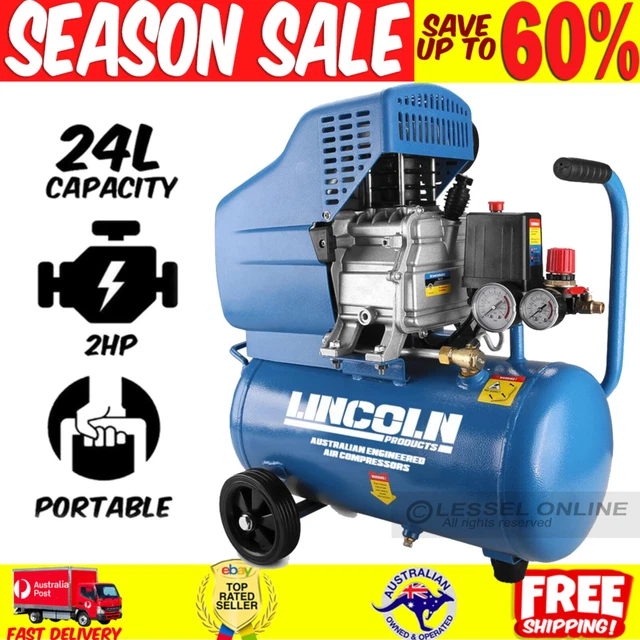 LINCOLN DIRECT DRIVE Air Compressor 2HP 8Bar 150L/Min 24L Tank Portable ...