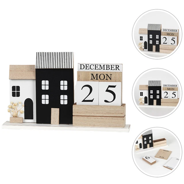 WOOD BLOCK CALENDAR Decoration Perpetual Desktop Wooden Farmhouse ...