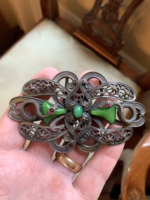 RARE LARGE VICTORIAN Chrysoprase Belt Buckle Figural Snakes Colonial ...