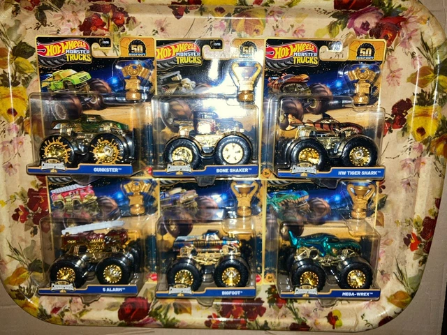 6 HOT-WHEELS MONSTER-TRUCKS 1:64 Mattel GOLD Mega-Wrex, Tiger-Shark ...