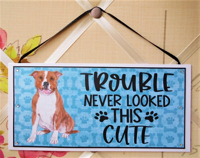 STAFFY DOG SIGN "Trouble Never Looked This Cute" Plaque Hang Wall Bull ...