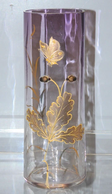 -VASE VERRE DÉGRADÉ Mauve LEGRAS MONTJOYE PAPILLON FEUILLES GLANDS or ...