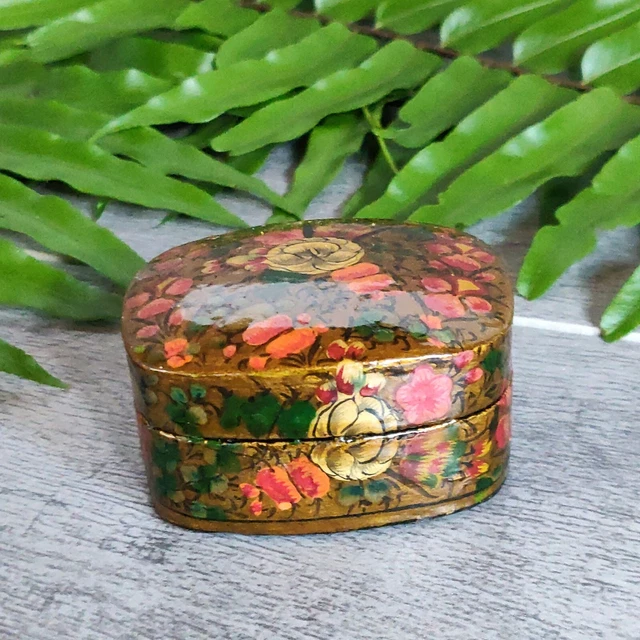 VINTAGE KASHMIRI TRINKET Box Indian Floral Paper Mache Lacquered ...