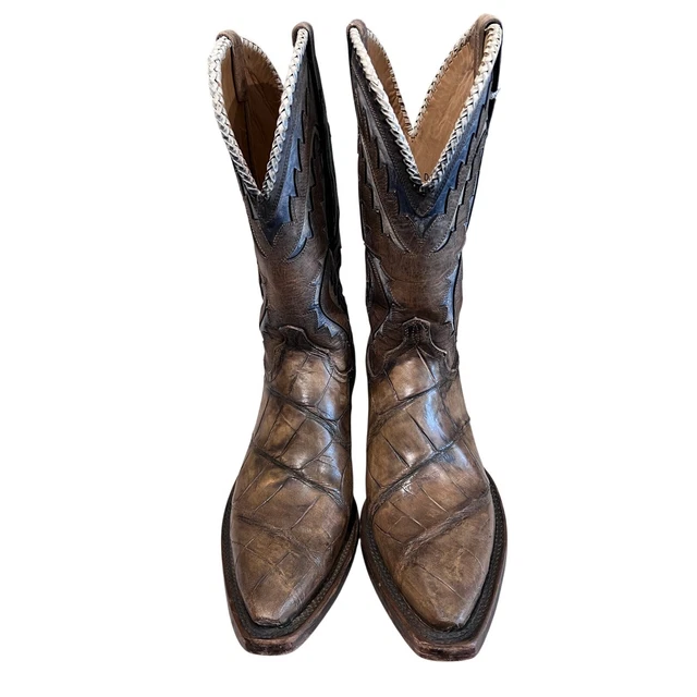 LUCCHESE DEREK GIANT Gator Boots Swamp Brown Square Toe USA Mens 10.5 D ...