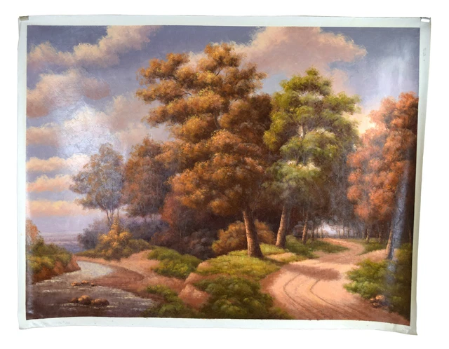 IMPRESSIONIST OIL PAINTING Autumnal Forest Path and River Scene signed ...