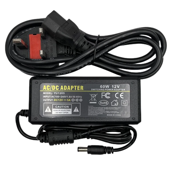 12V 5A 60W AC DC Power Supply Adapter Charger For LED CCTV 3 Pin UK ...