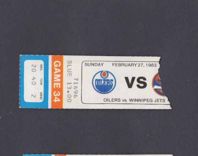 1982-83 EDMONTON OILERS vs JETS WAYNE GRETZKY BILLET TALON 2/27/83 1 ...
