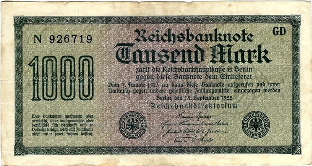 REICHSBANKNOTE 1000 MARK 1922 Berlin Reichsbank DEU-84k Ro.75k P-76a(3 ...