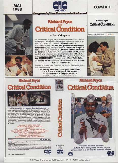 JAQUETTE VIDEO FICHE TECHNIQUE( sans vhs)-CRITICAL CONDITION( etat ...