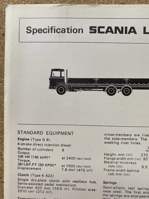 1975 SCANIA LBS 86 H original British sales specifications leaflet ...
