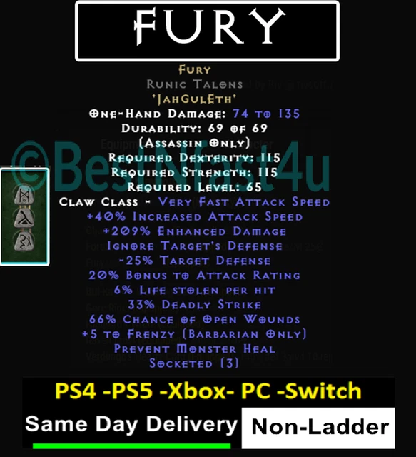 FURY RUNIC TALONS CLAW Sin PC-XBOX-PS4-PS5-SWITCH Diablo 2 Res D2R ...