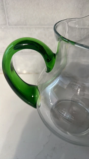 VINTAGE LIBBY GLASS pitcher clear glass green handle apple shape ice ...