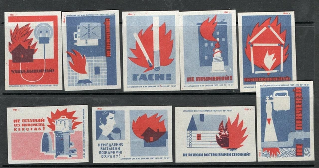 MATCHBOX LABELS RUSSIA-FIRE hazards warning, set of 9, red/blue/b, 1961 ...