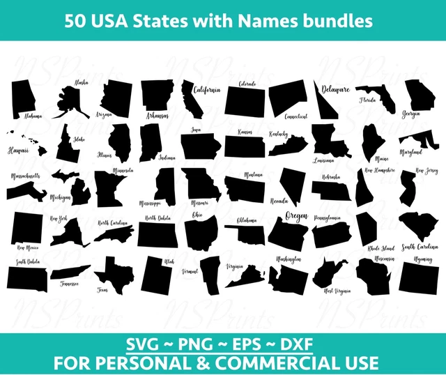 50 US STATES map Bundle SVG, States svg, US state svg, United States ...