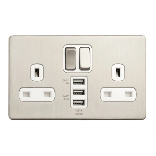 DETA TRIPLE USB 8574SSW Switched Socket 2G 13A Stainless Steel White ...